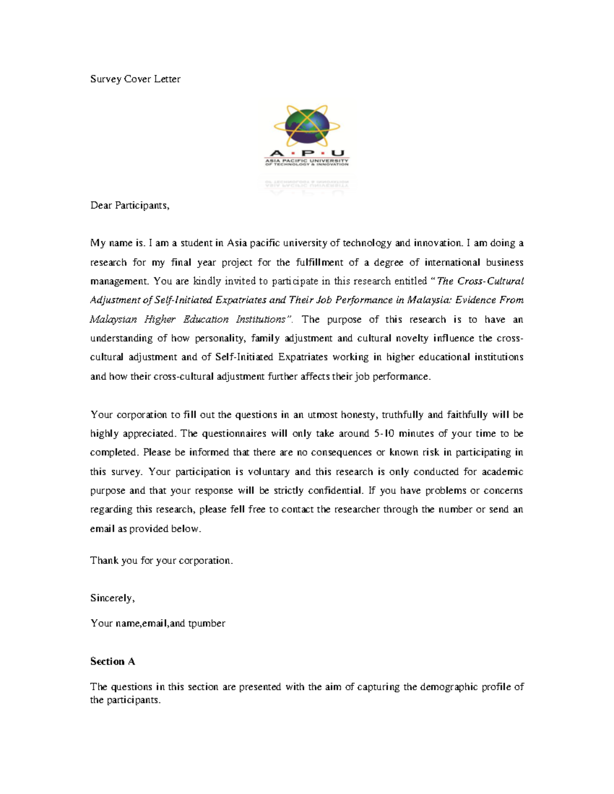 Questionnaire - Sample-1 - Survey Cover Letter Dear Participants, My ...