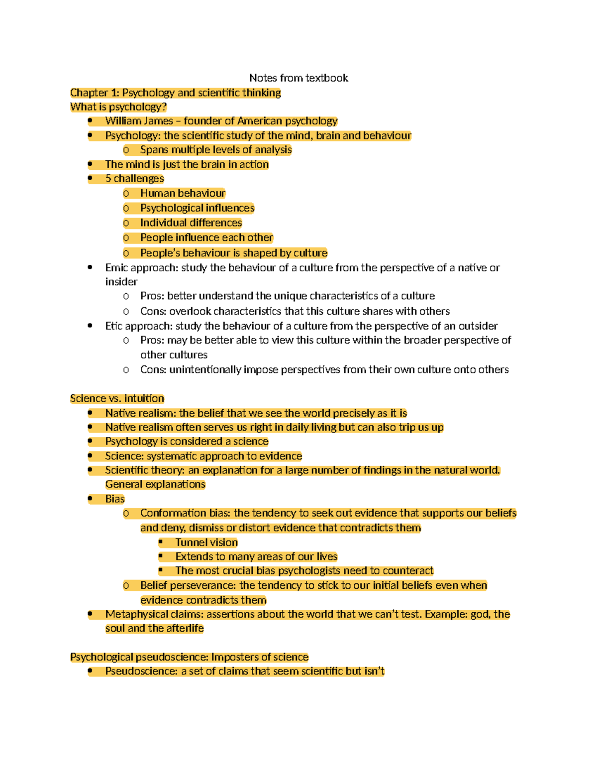 PSYC-1150-Notes - Notes - Notes from textbook Chapter 1: Psychology and ...