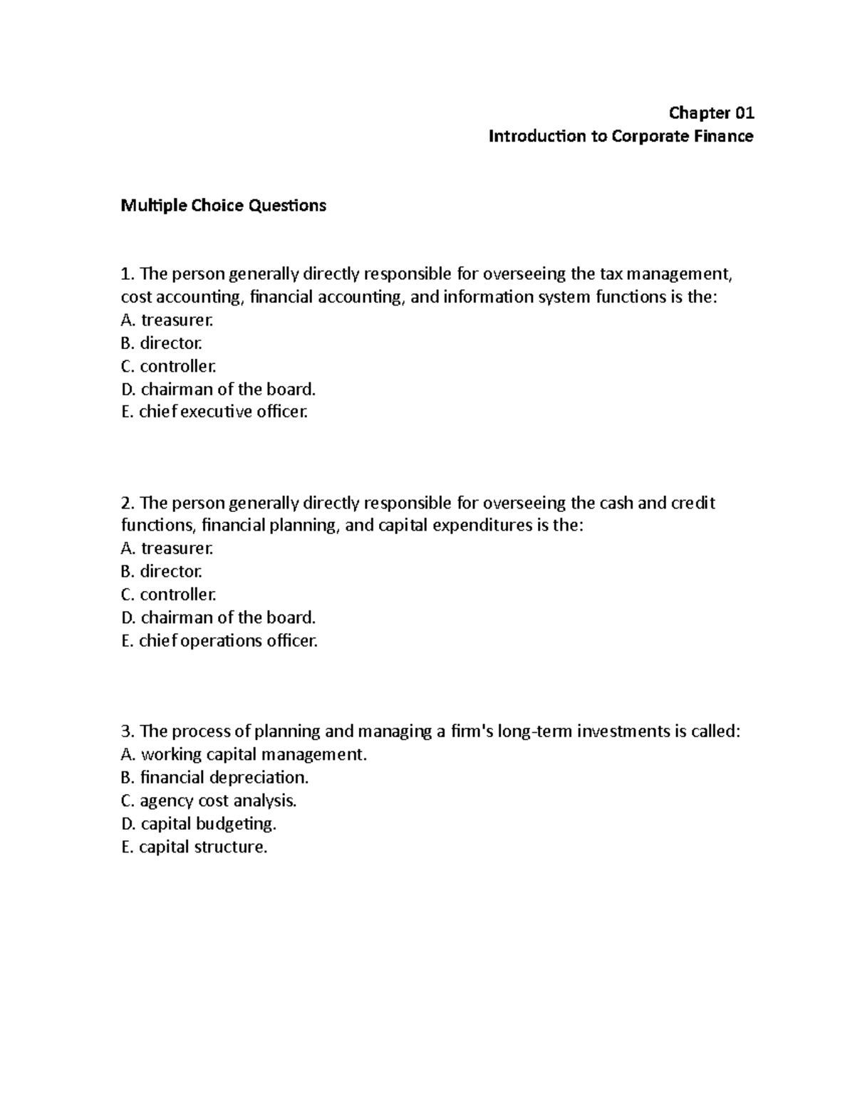 Sample-32 - Sample-32 - Chapter 01 Introduction to Corporate Finance ...