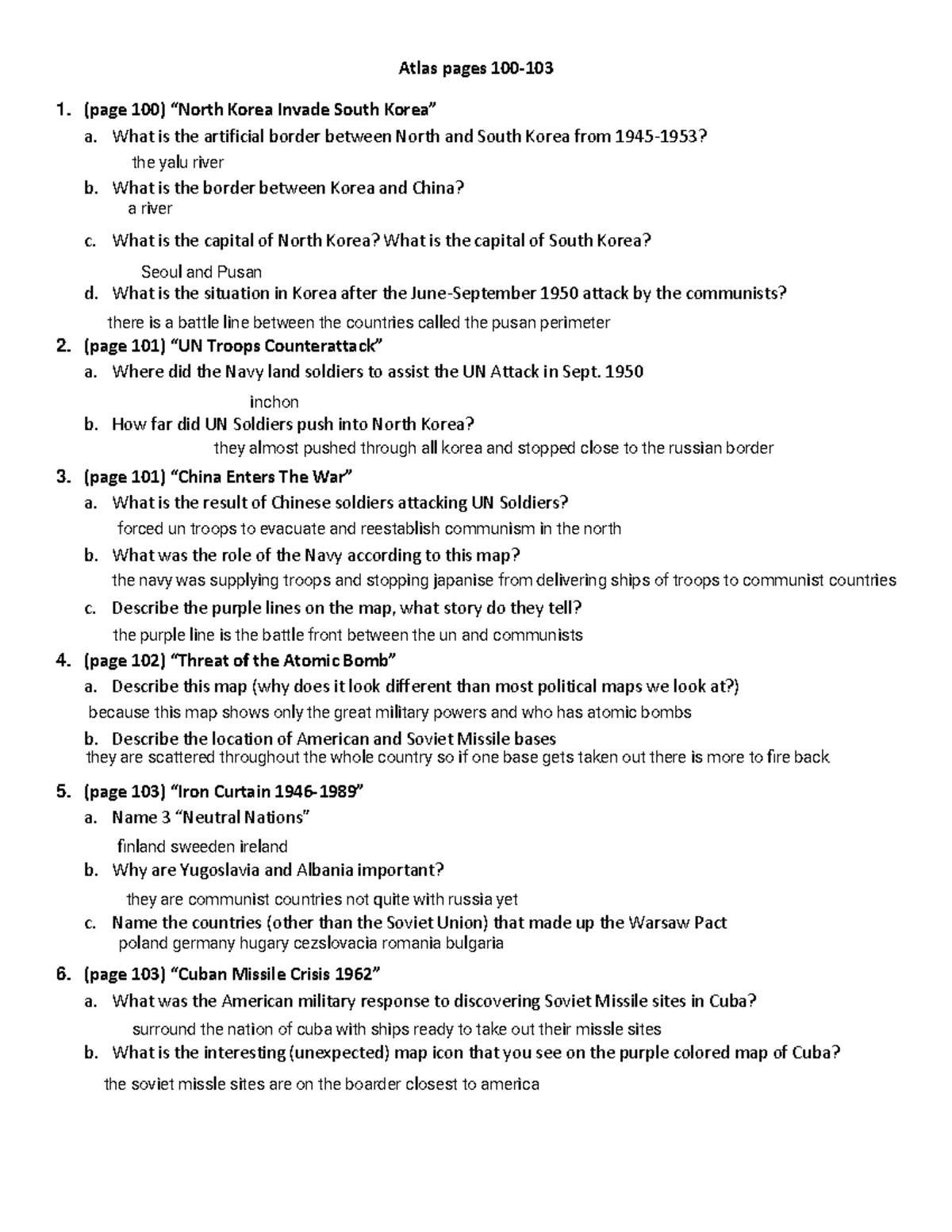 Cold War Atlas Questions - Atlas pages 100- 103 (page 100) “North Korea ...