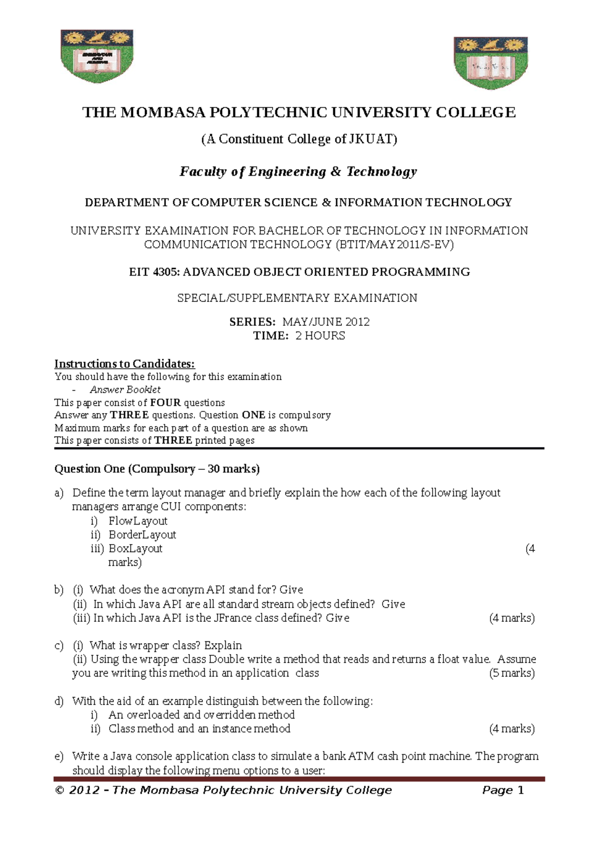 EIT 4305 Advanced Object Oriented Programming - THE MOMBASA POLYTECHNIC ...