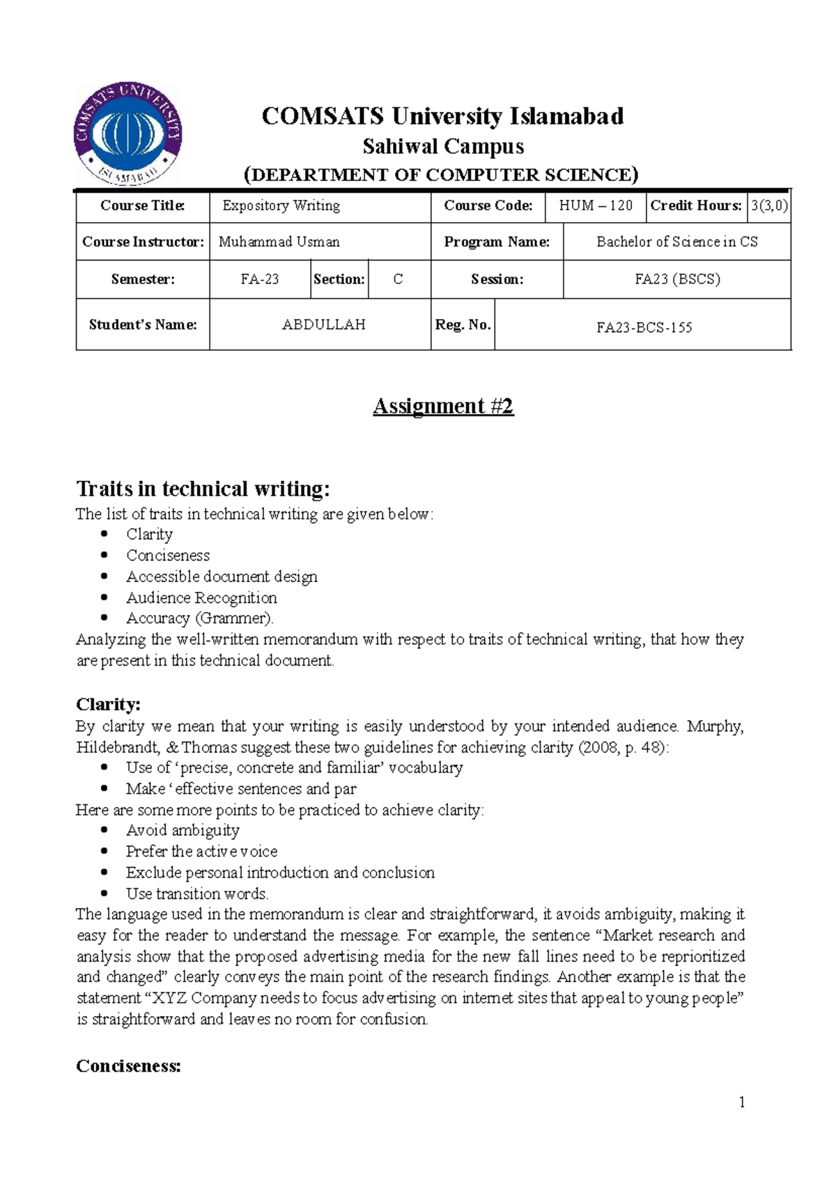 Assignment no 2 - COMSATS University Islamabad Sahiwal Campus ...