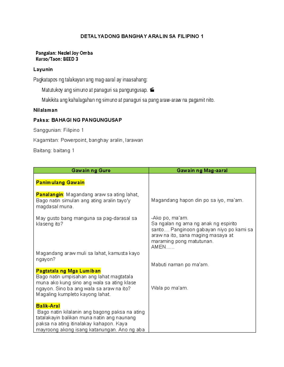 Detalyadong Banghay Aralin SA Filipino 1 - DETALYADONG BANGHAY ARALIN SA FILIPINO 1 Pangalan ...