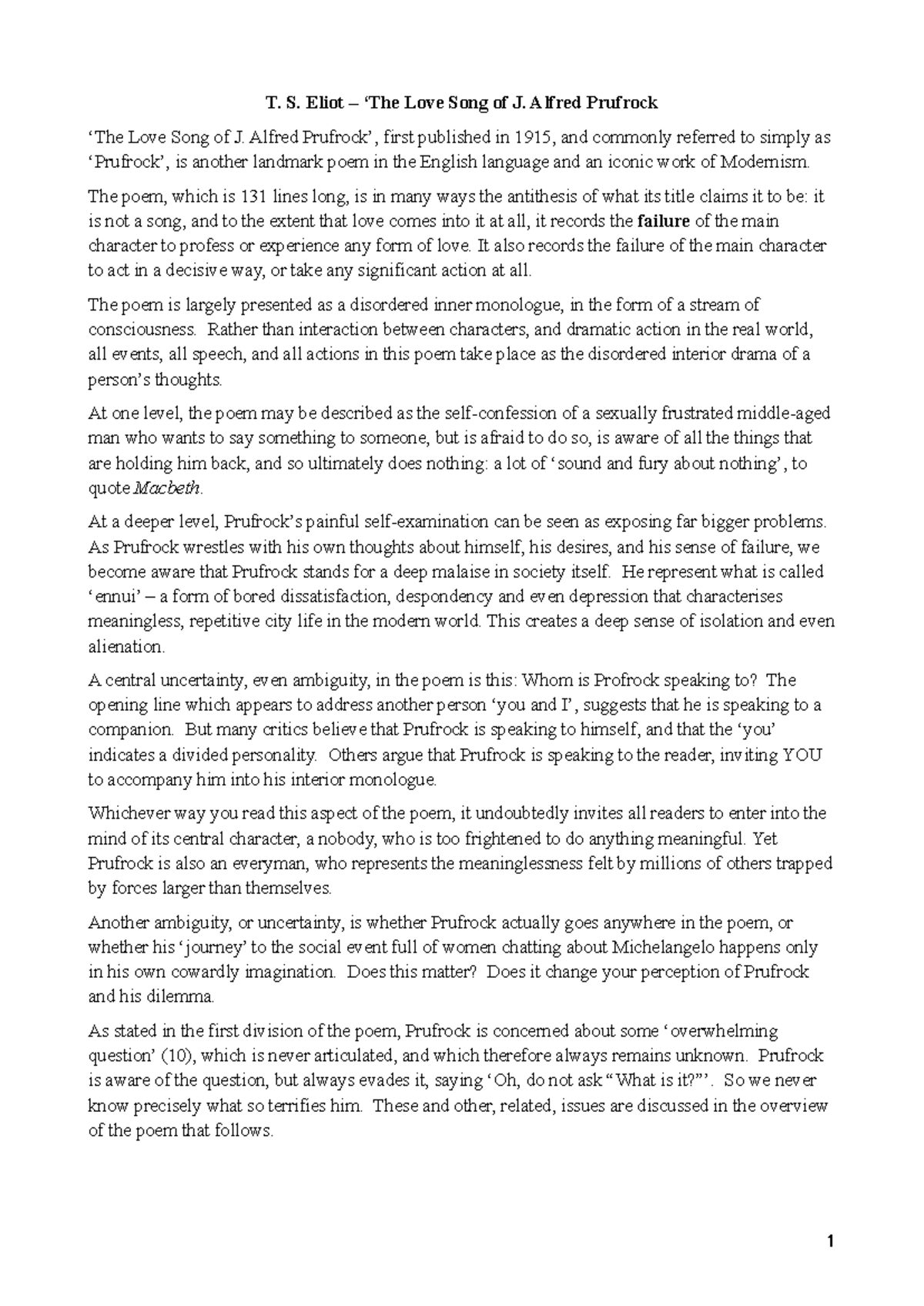 The Love Song of J. Alfred Prufrock – Introduction - T. S. Eliot – ‘The ...