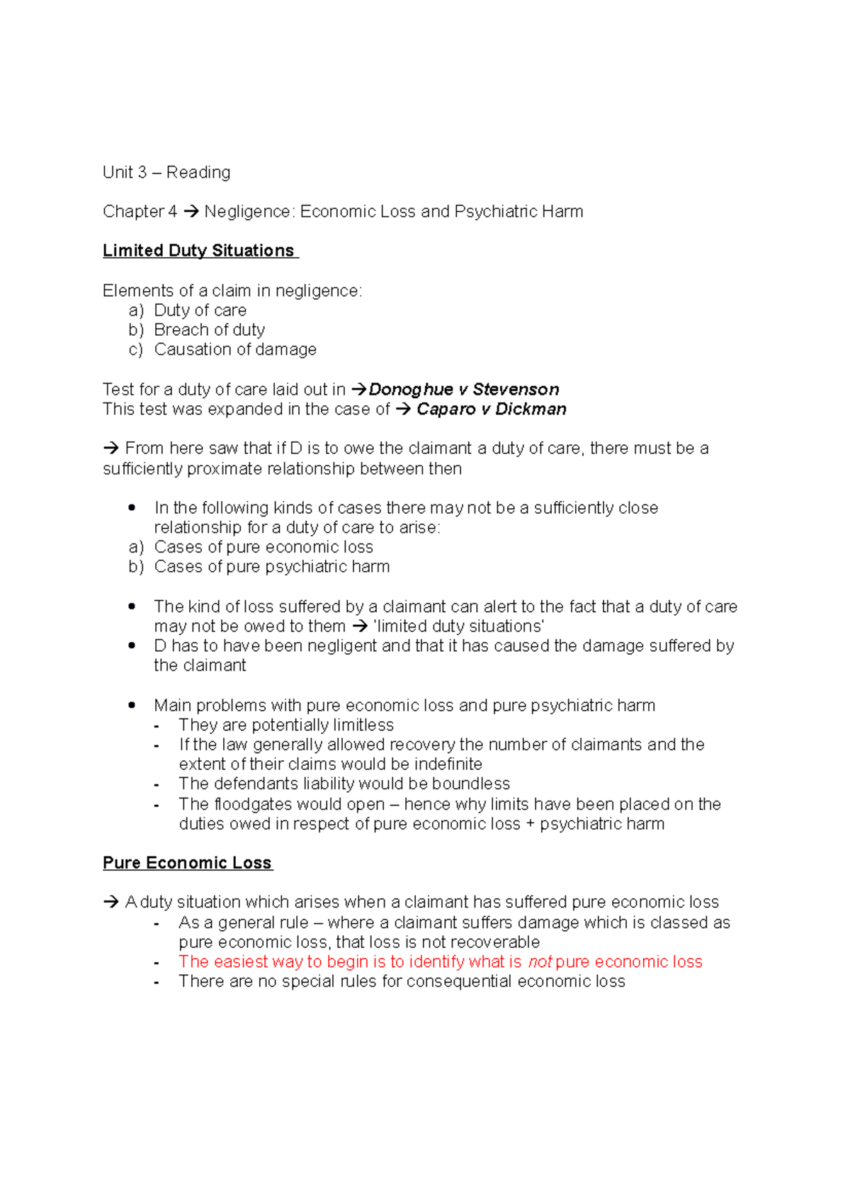 Unit 3 - reading - notes on economic loss and psychiatric harm - Unit 3 ...