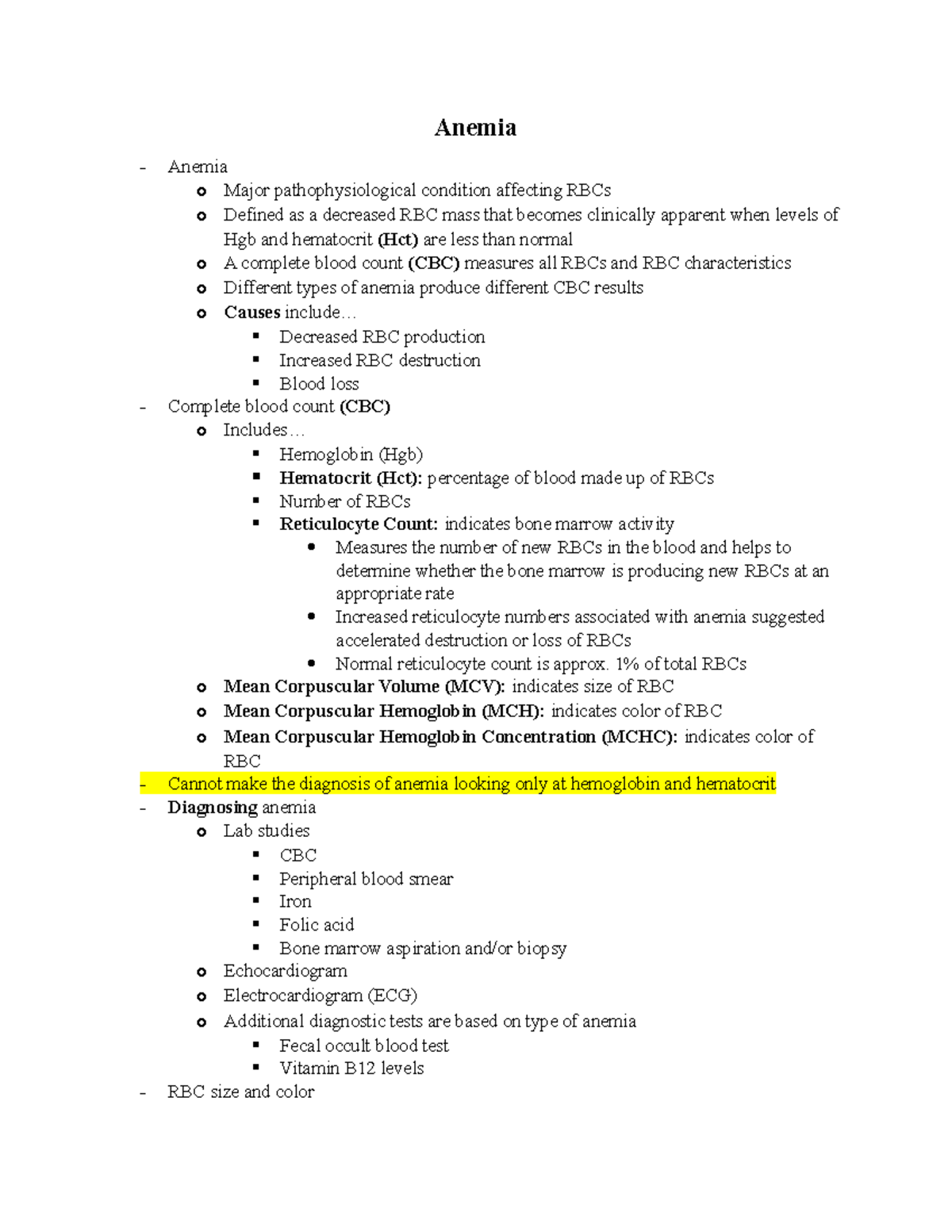 Anemia - Study guides for test - Anemia - Anemia o Major ...