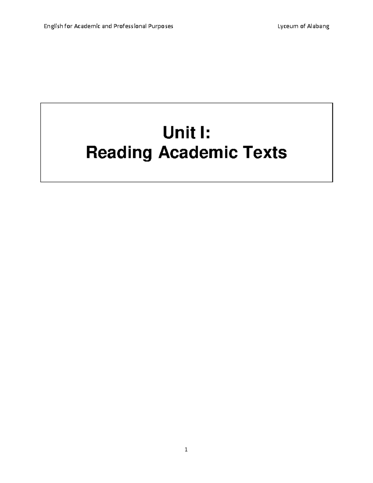 EAPP Module - Unit I: Reading Academic Texts Chapter 1 The Language of ...