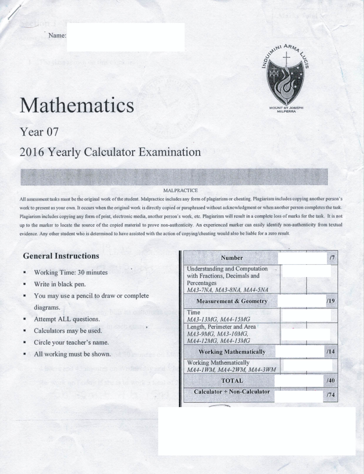 2016 Year 7 Yearly Exam MSJ (calculator) (cleaned) - Name: UTMINISTRY ...