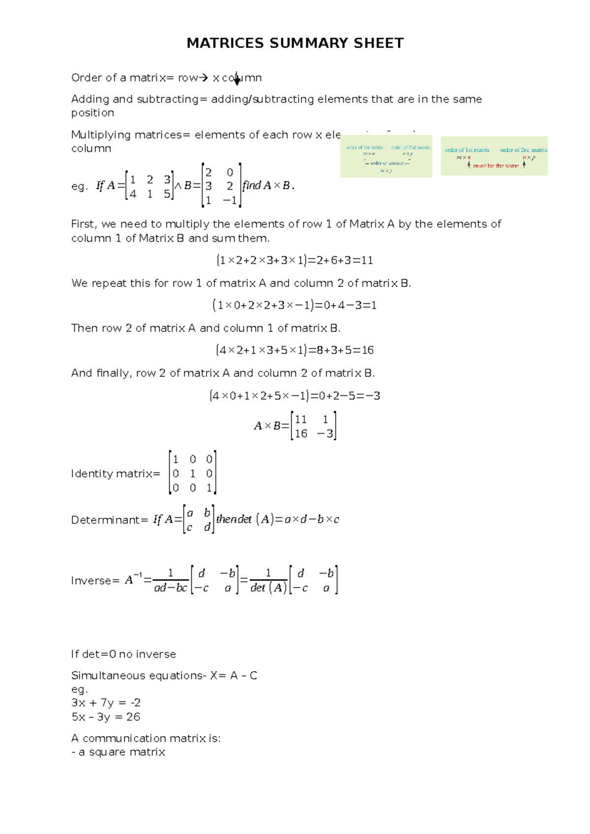 Matrices summary sheet - MATRICES SUMMARY SHEET Order of a matrix= row ...