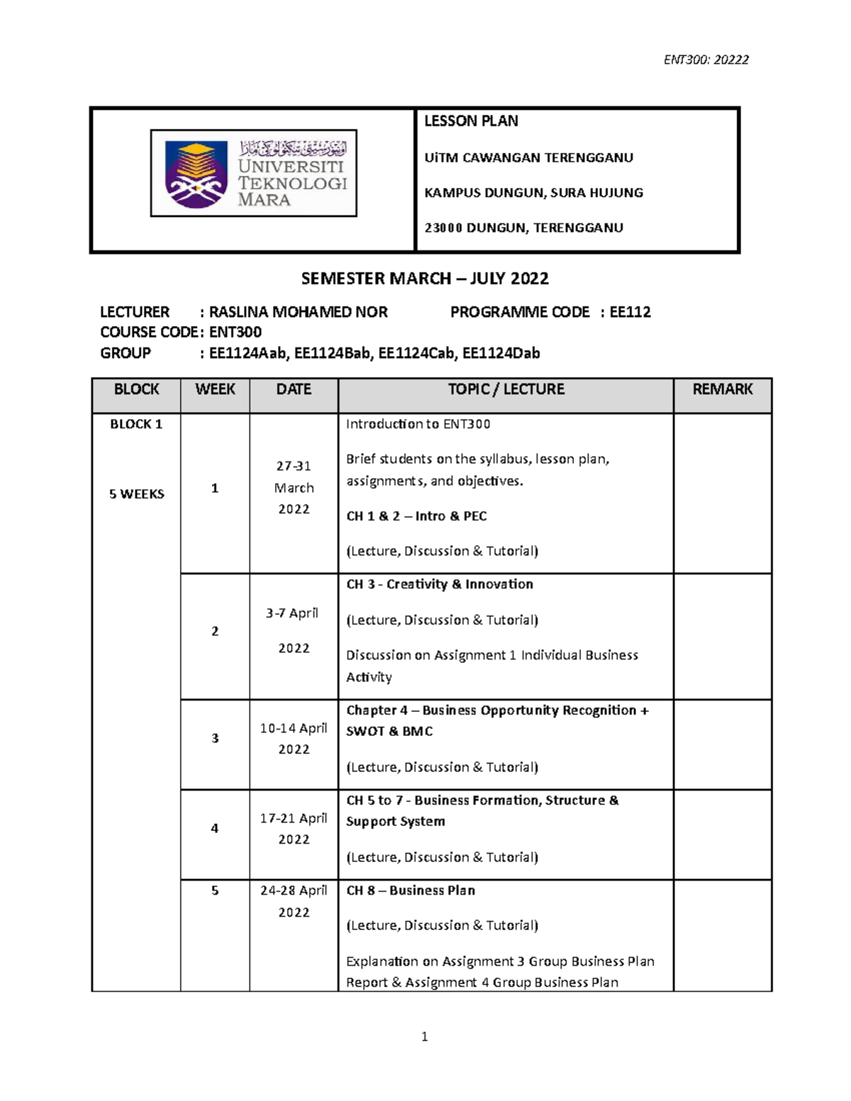 20222 ENT300 Lesson PLAN - SC - ENT300: 2022 2 LESSON PLAN UiTM ...