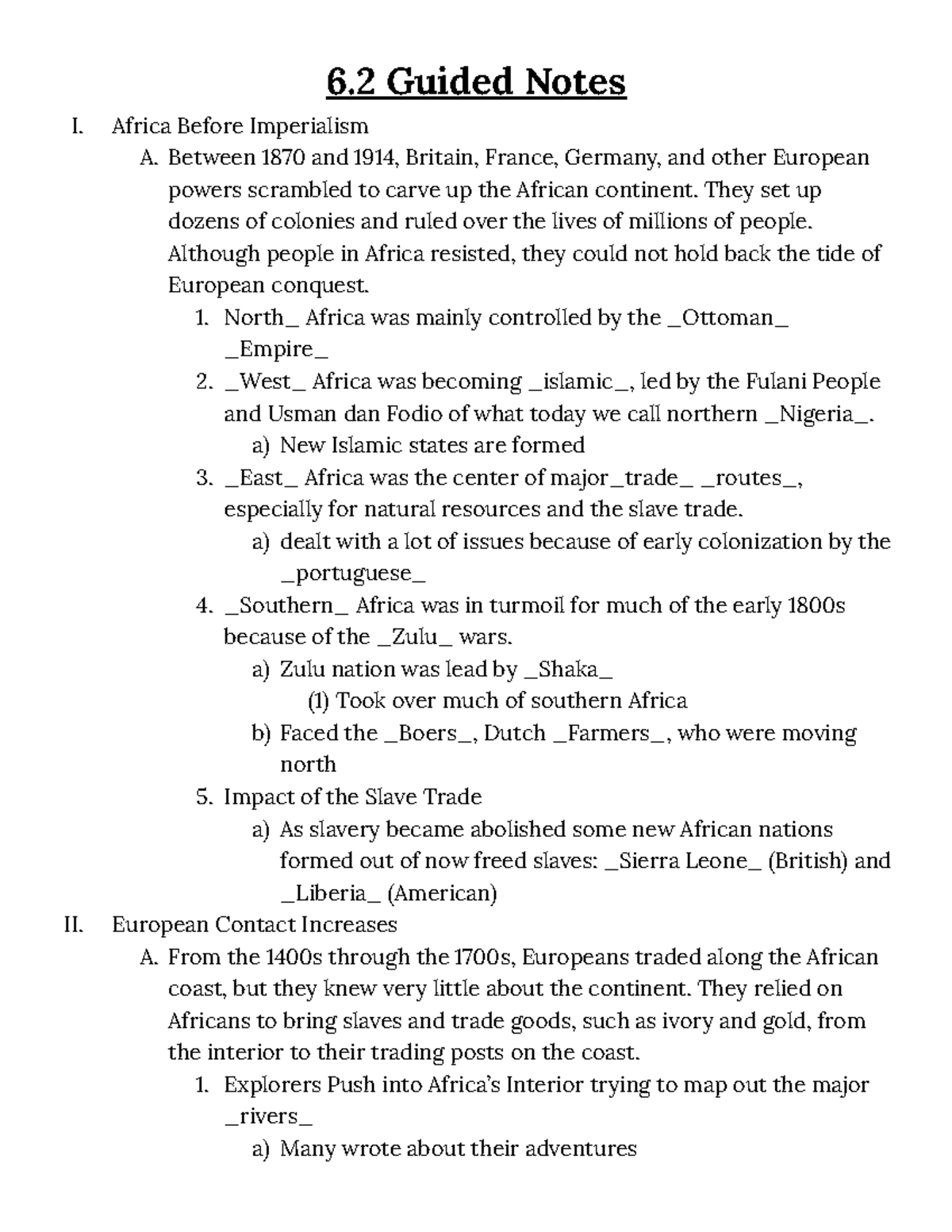Copy of 6.2 Guided Notes - 6 Guided Notes I. Africa Before Imperialism ...