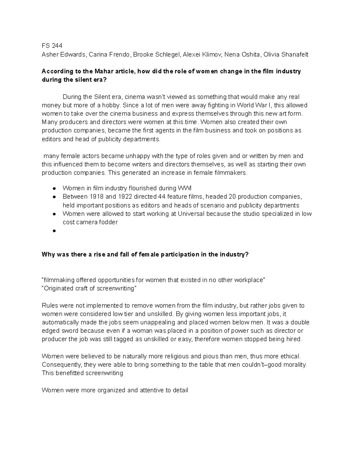 FS 244 Group Questions Week 2 - FS 244 Asher Edwards, Carina Frendo ...