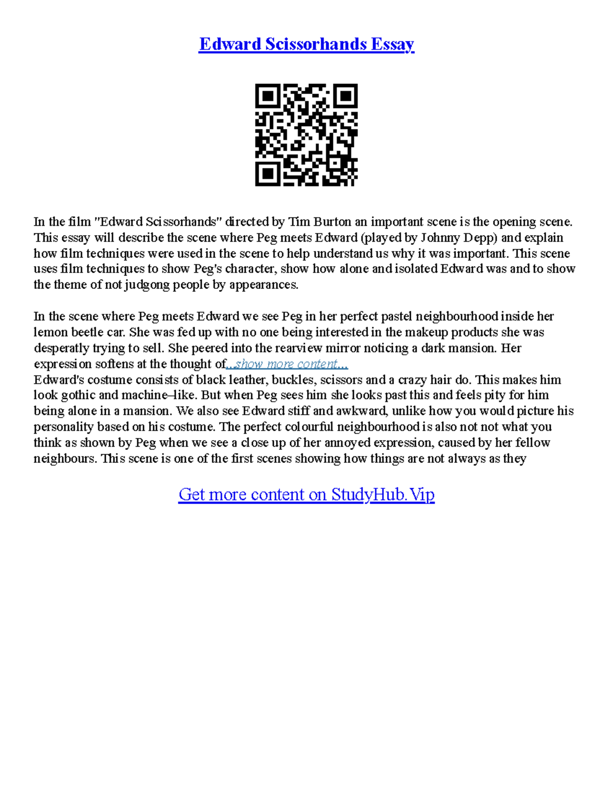 Edward Scissorhands Essay - This essay will describe the scene where ...