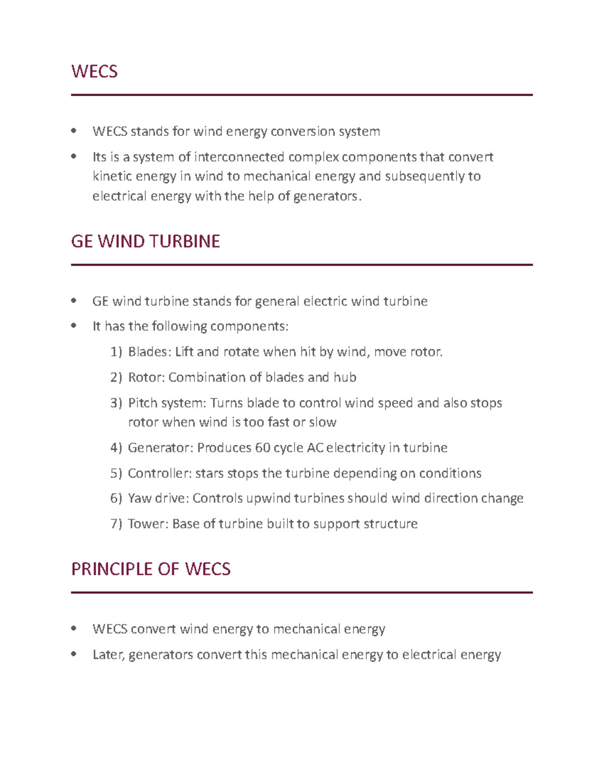 SE U2 Concise Notes - WECS WECS stands for wind energy conversion ...