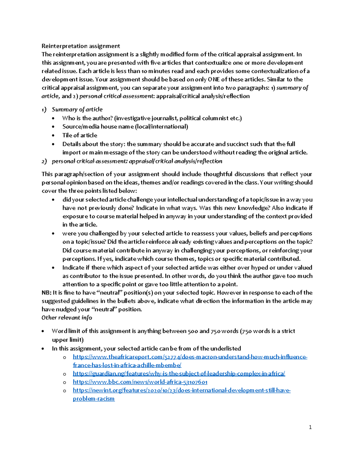 Reinterpretation assignment and rubric - 1 Reinterpretation assignment ...