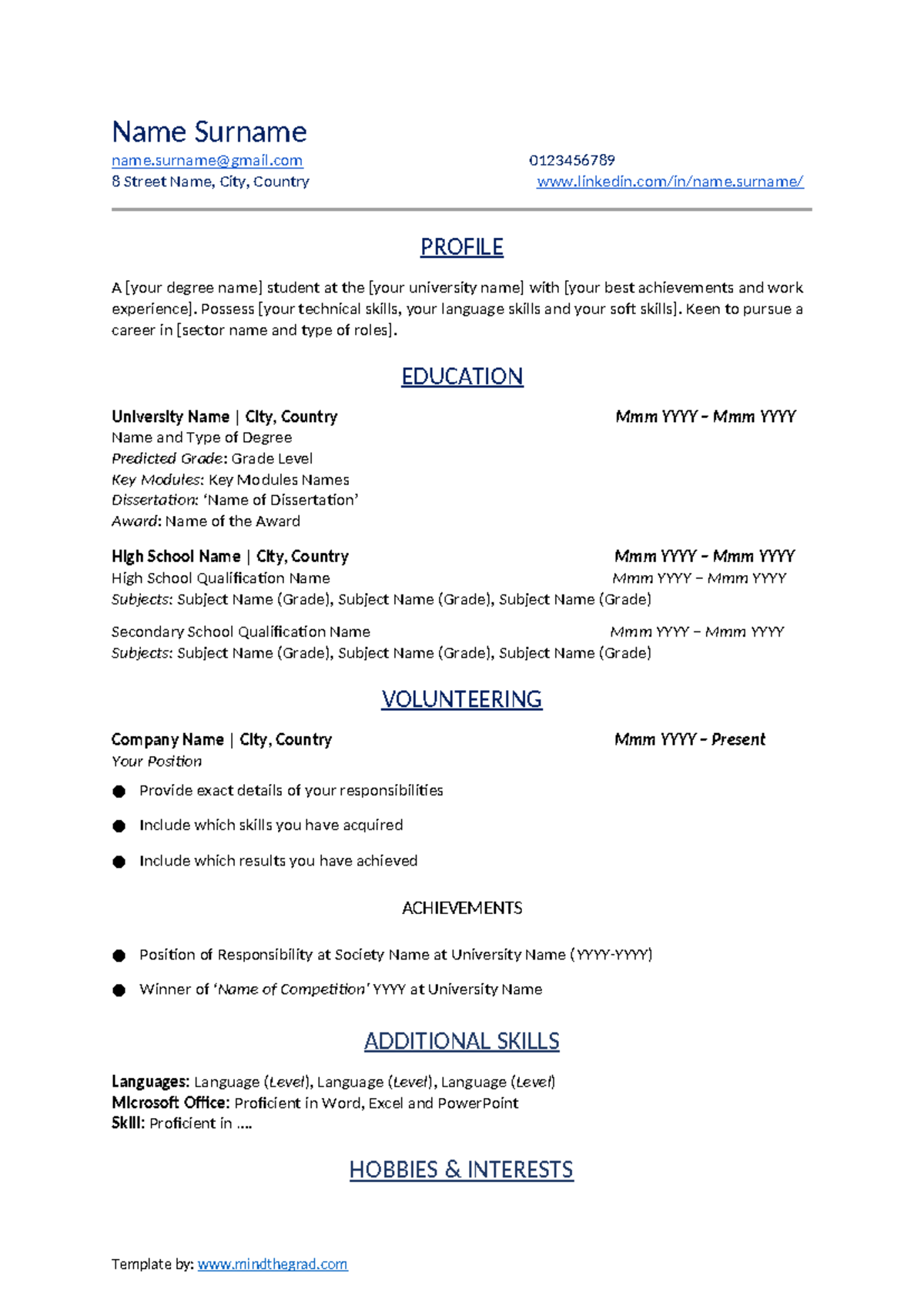 FREE CV Template - Name Surname name@gmail 0123456789 8 Street Name ...