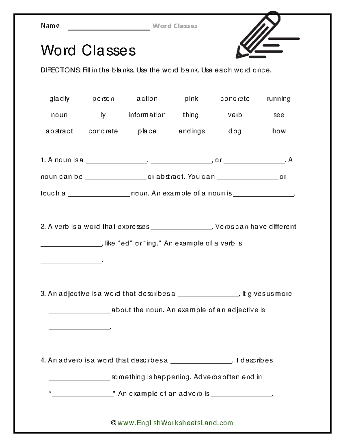 A1 - Worksheets - Name Word Classes ©EnglishWorksheetsLand Word Classes ...