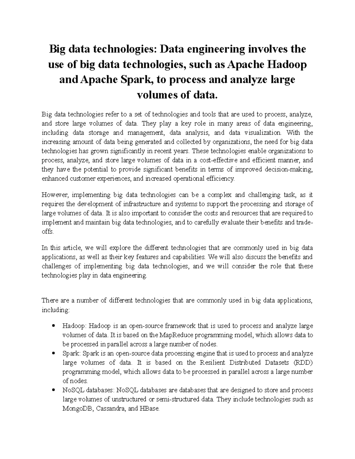 Big data technologies - Big data technologies refer to a set of ...