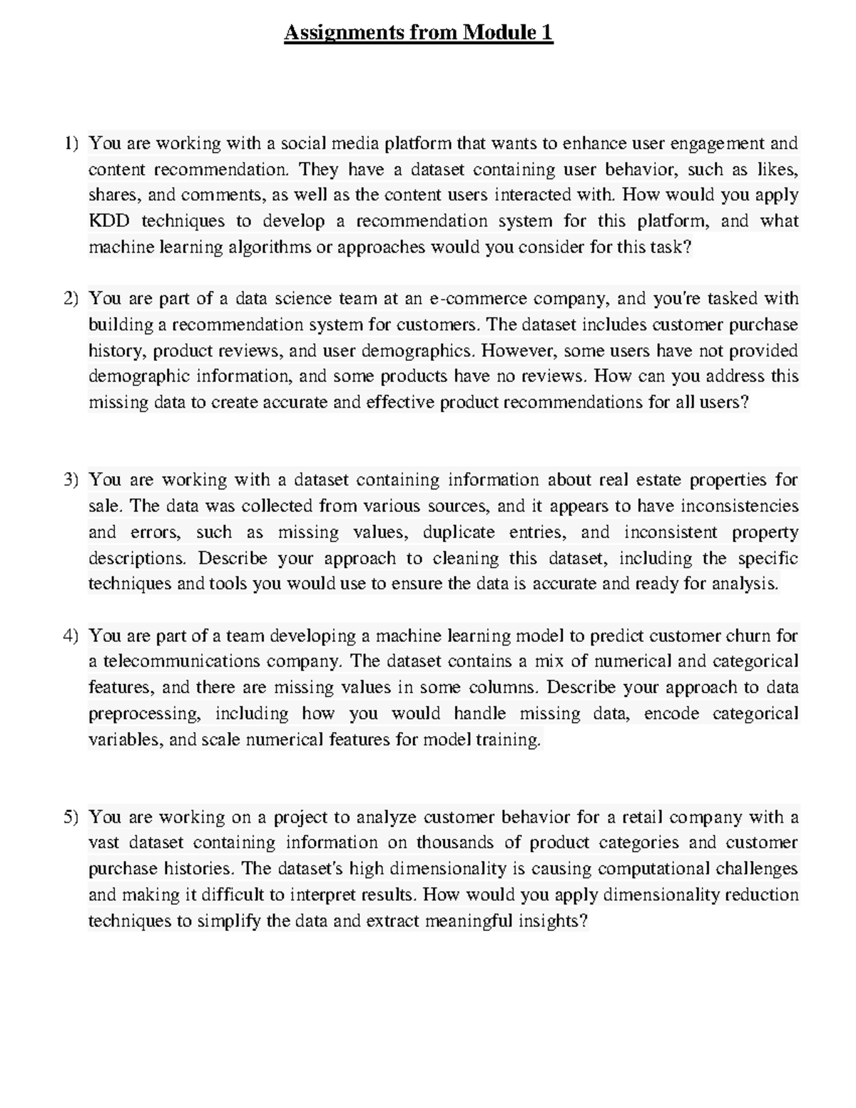 Document - data mining - Assignments from Module 1 You are working with ...