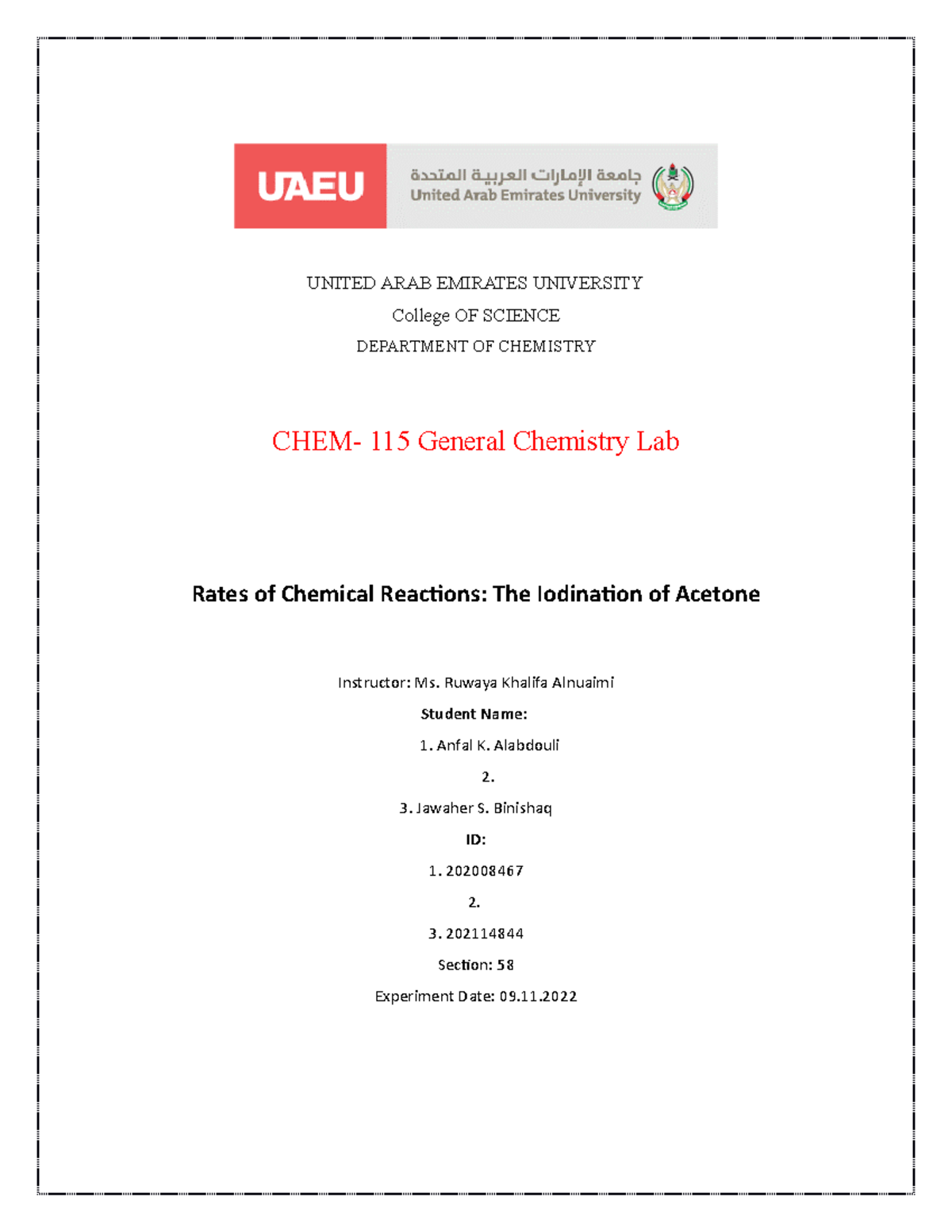 Lab report 6 ionization acetone - UNITED ARAB EMIRATES UNIVERSITY ...