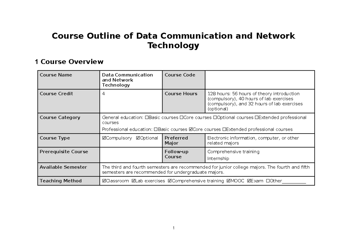 Course Outline of Data Communication and Network Technology - The ...