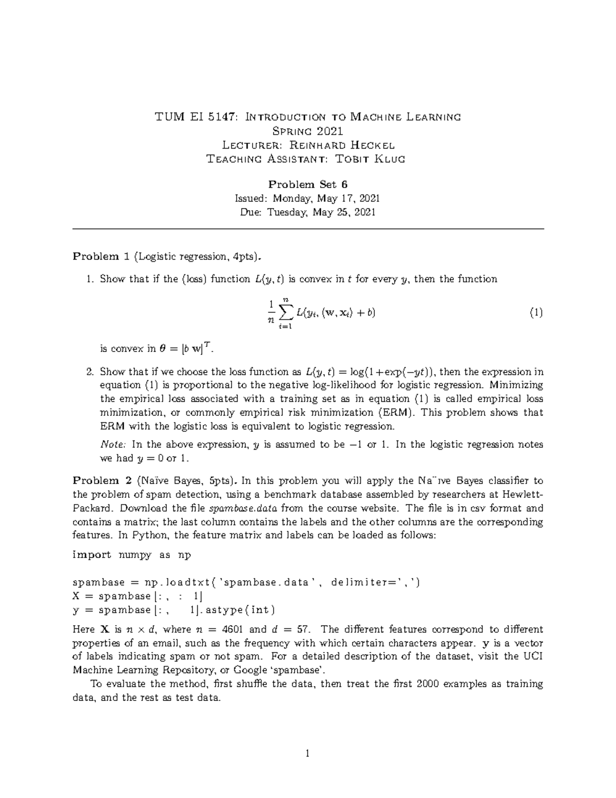 Homework 6 Logistic regression and naive Bayes - TUM EI 5147: Introduction to Machine Learning ...