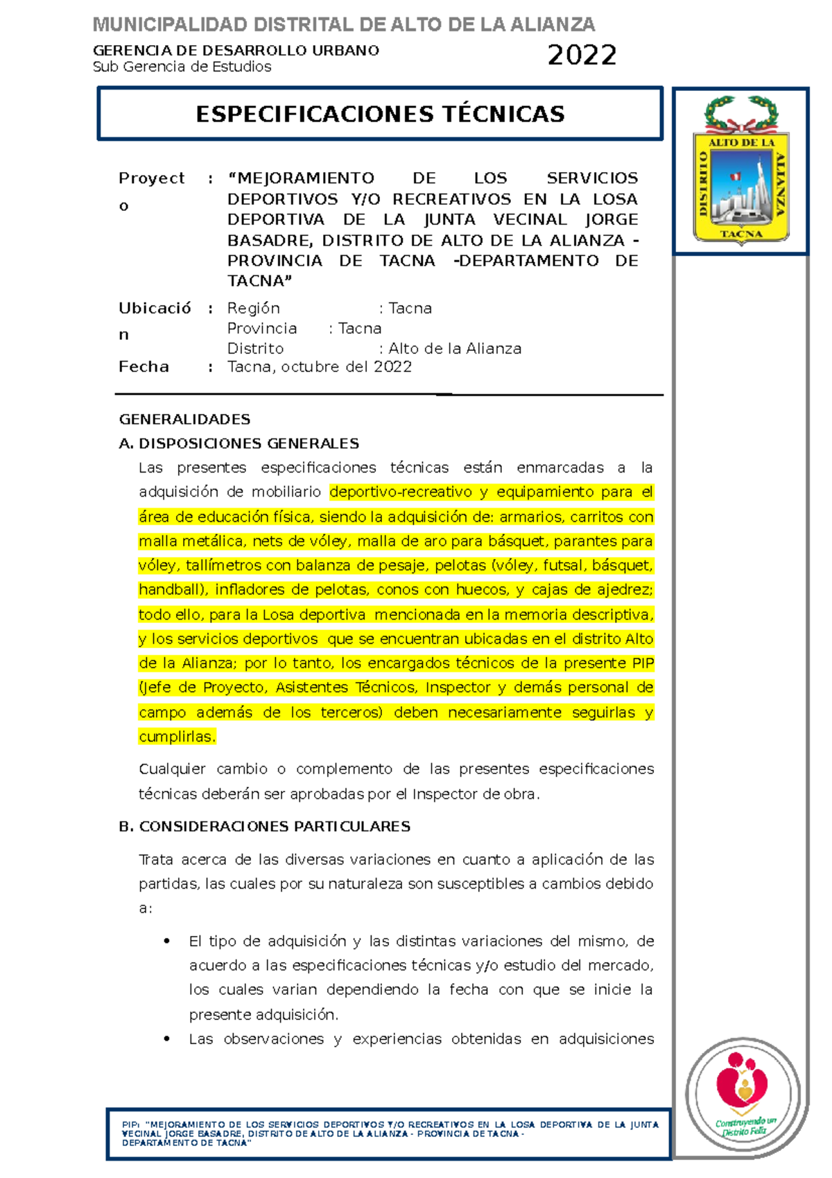 Especificaciones Tecnicas LOSA Jorge Basadre MDF - Proyect o ...