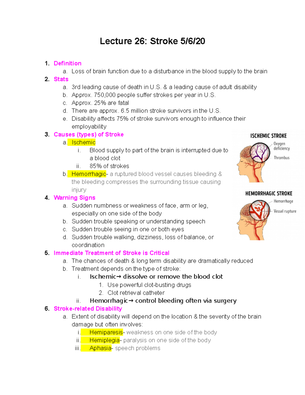 KNH 184 notes-31 - lecture notes - Lecture 26: Stroke 5/6/ 1 ...