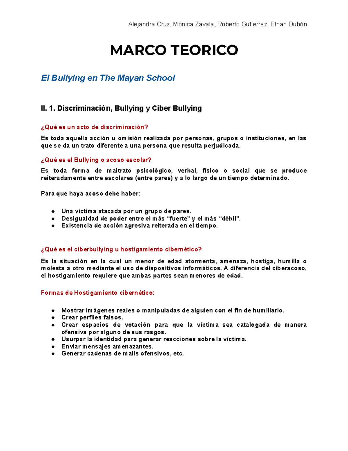 Marco Teorico - MARCO TEORICO El Bullying en The Mayan School II. 1 ...