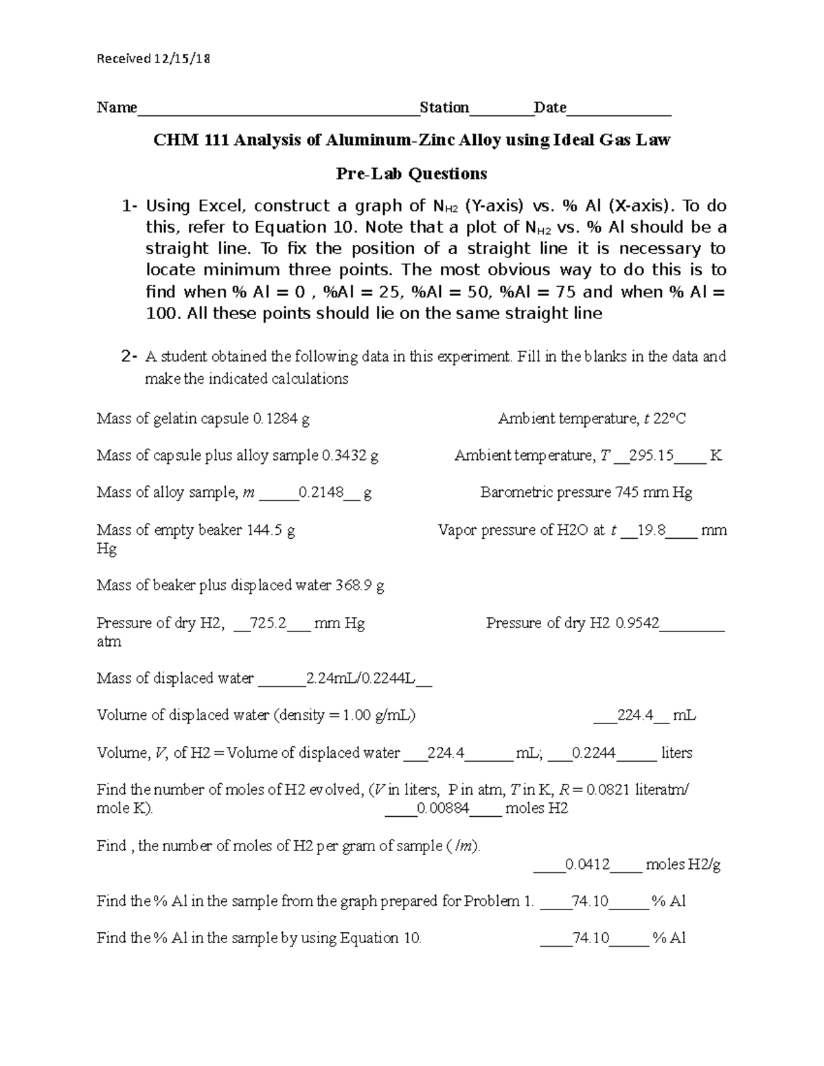 Pre-Lab - CHM 111 Analysis of Aluminum-Zinc Alloy using Ideal Gas Law-1 - Received 12/15/ - Studocu