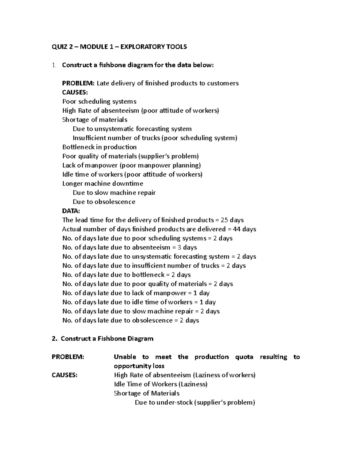 QUIZ 2 - Mdoule 1 - Exploratory Tools - EMG 131-2 - QUIZ 2 – MODULE 1 – EXPLORATORY TOOLS ...