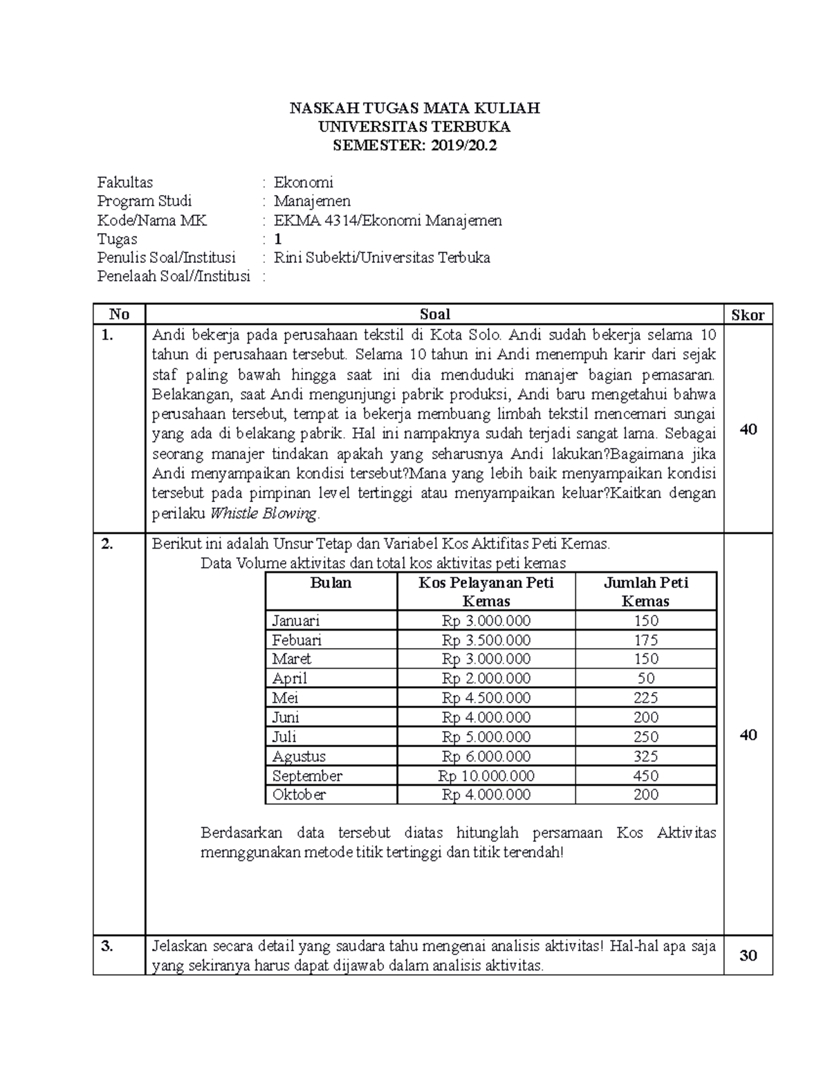 Tugas 1 Akmen - TUTON - NASKAH TUGAS MATA KULIAH UNIVERSITAS TERBUKA SEMESTER: 20 19 /20 ...