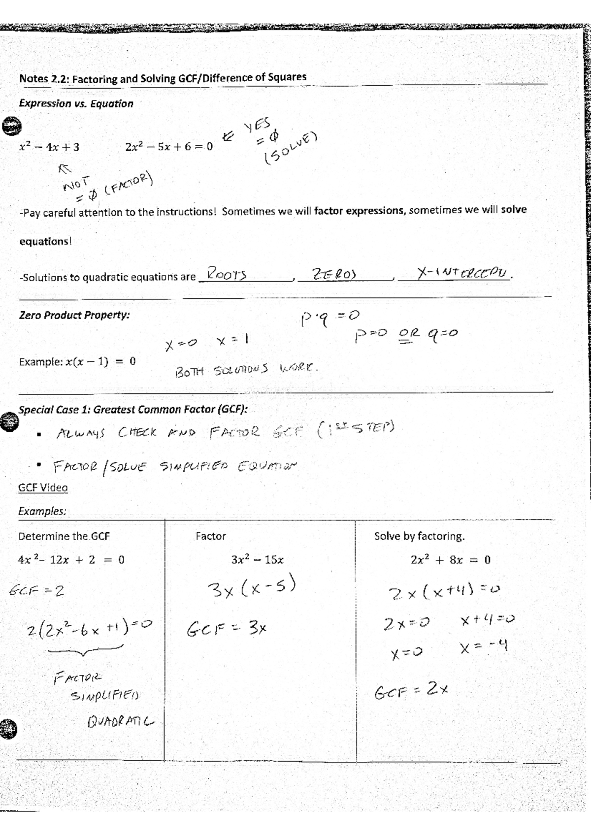 Notes 2.2 Competed - GCF and Special Cases, DOTS (difference of two ...
