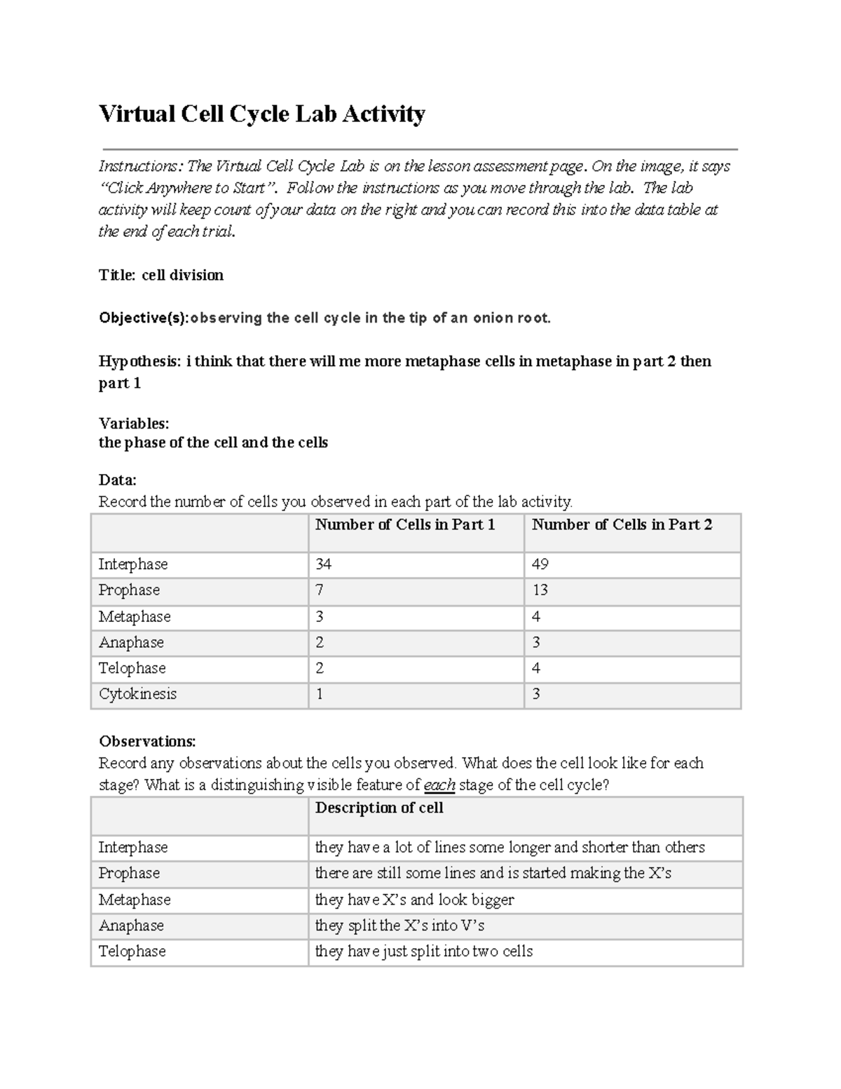 03 01 virtual cell cycle lab report template - Virtual Cell Cycle Lab ...