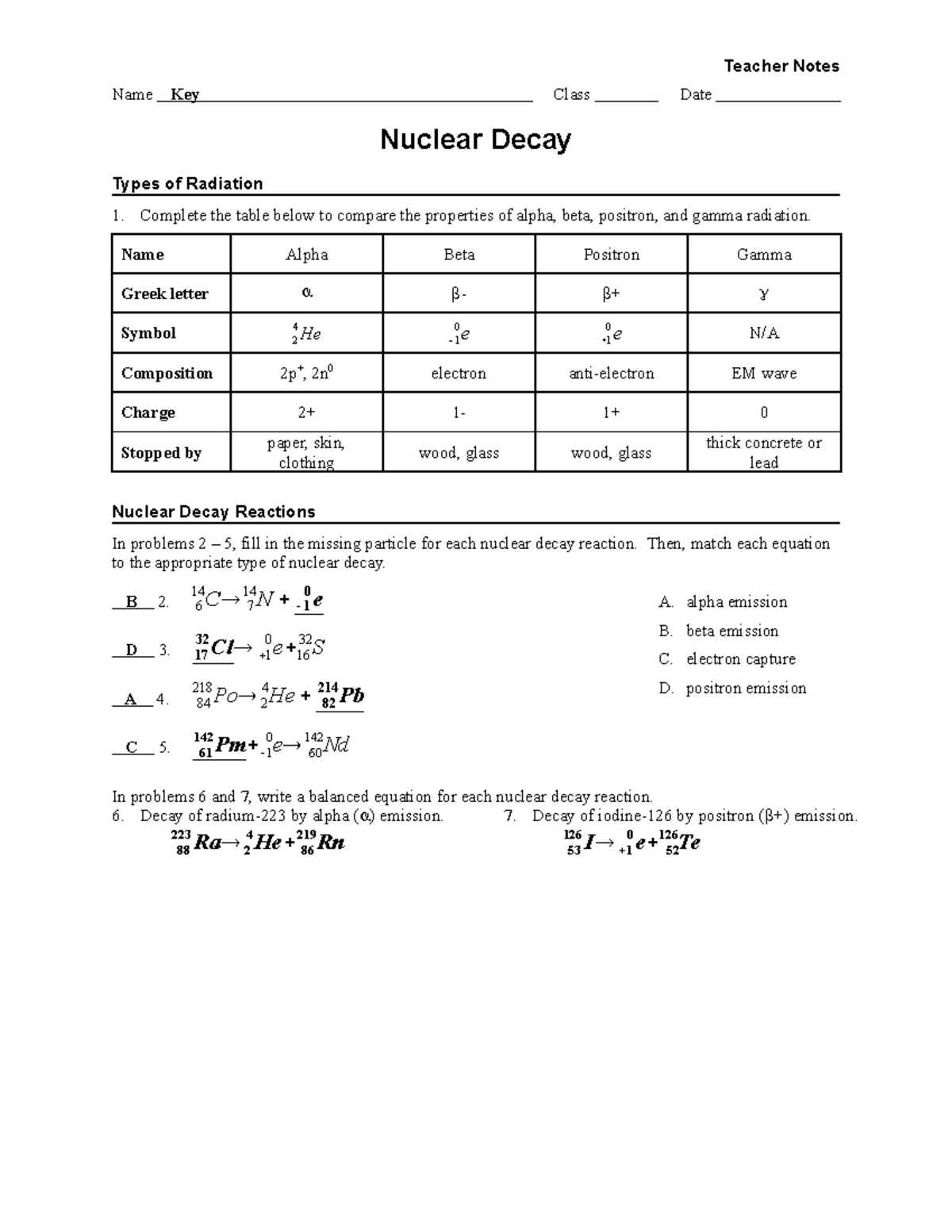 ANS KEY PHSC - ANS - Teacher Notes Name Key Class Date Nuclear Decay ...