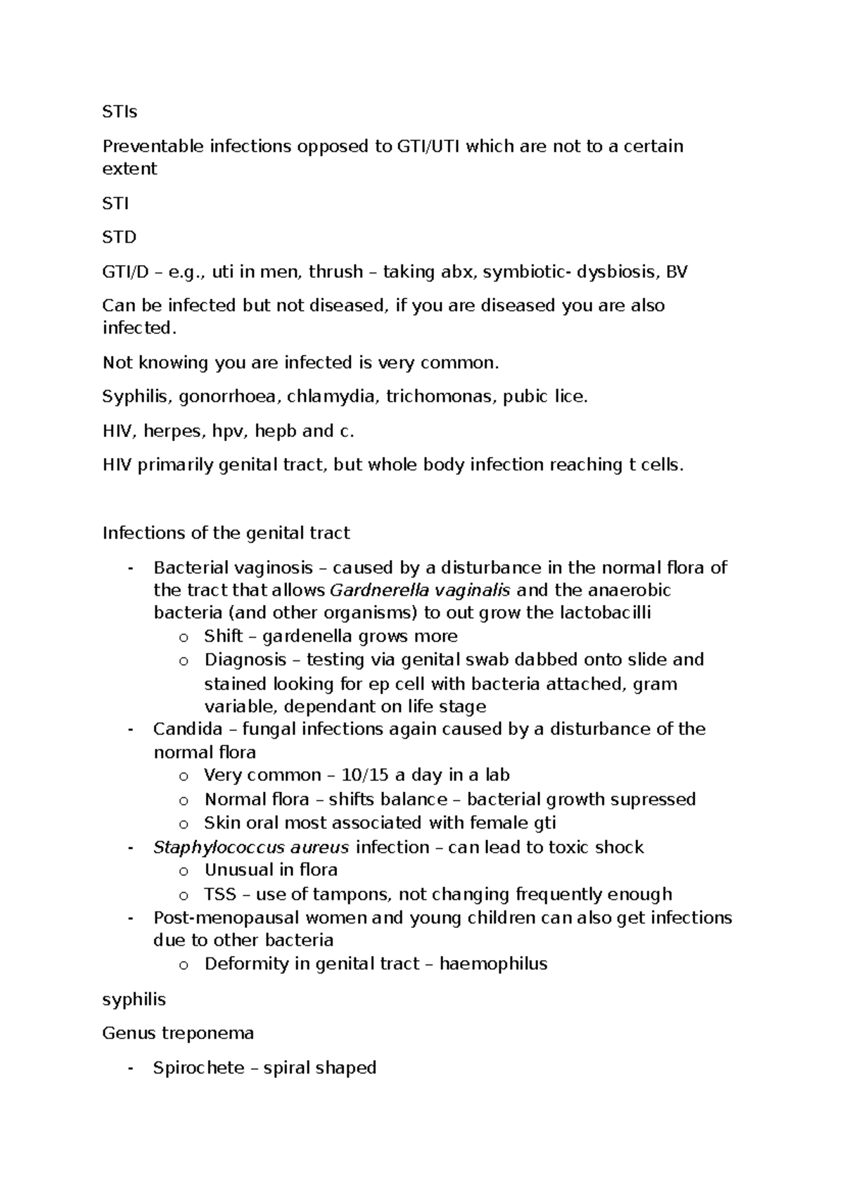 STIs - STI lecture notes - STIs Preventable infections opposed to GTI ...
