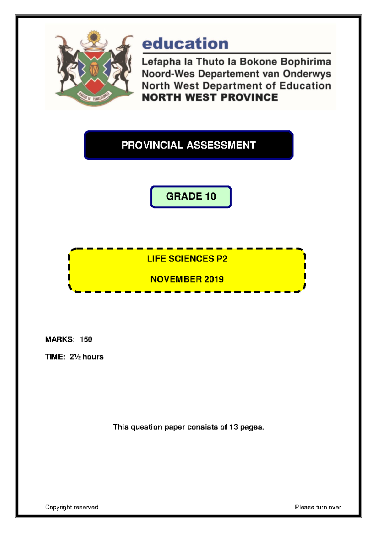 NW-NSC-GR-10-LIFE- Sciences-P2-ENG-NOV-2019 - MARKS: 150 TIME: 2½ hours ...