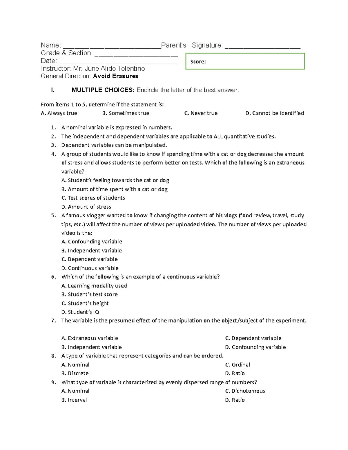 Review test - pr2 - piiu - Name: __________________________Parent’s ...