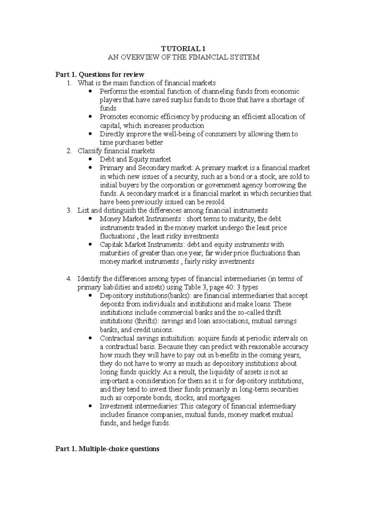 Tute 1 questions - Tutorial practice - TUTORIAL 1 AN OVERVIEW OF THE ...