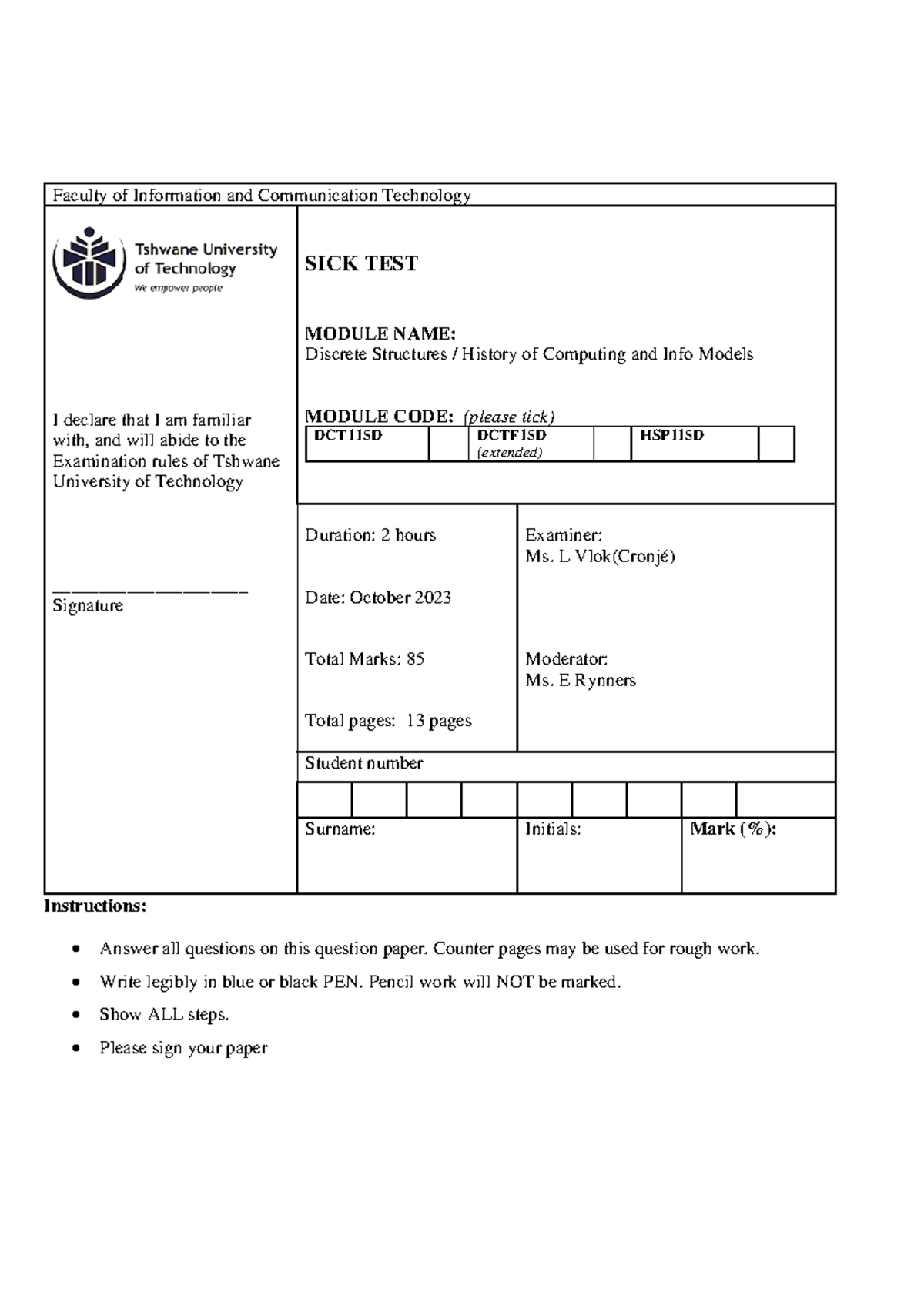 DCT DCTF HSP Sick test - DCT115D Sick Test - Instructions: Answer all ...