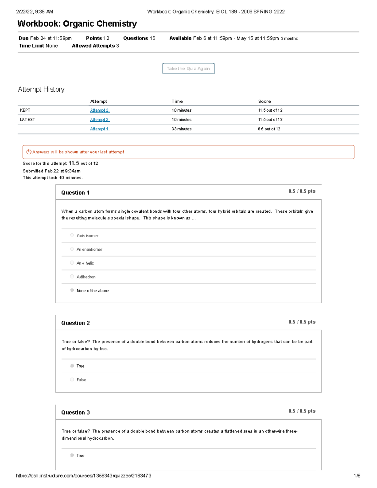 Workbook Organic Chemistry BIOL 189 - 2009 Spring 2022 - Workbook ...
