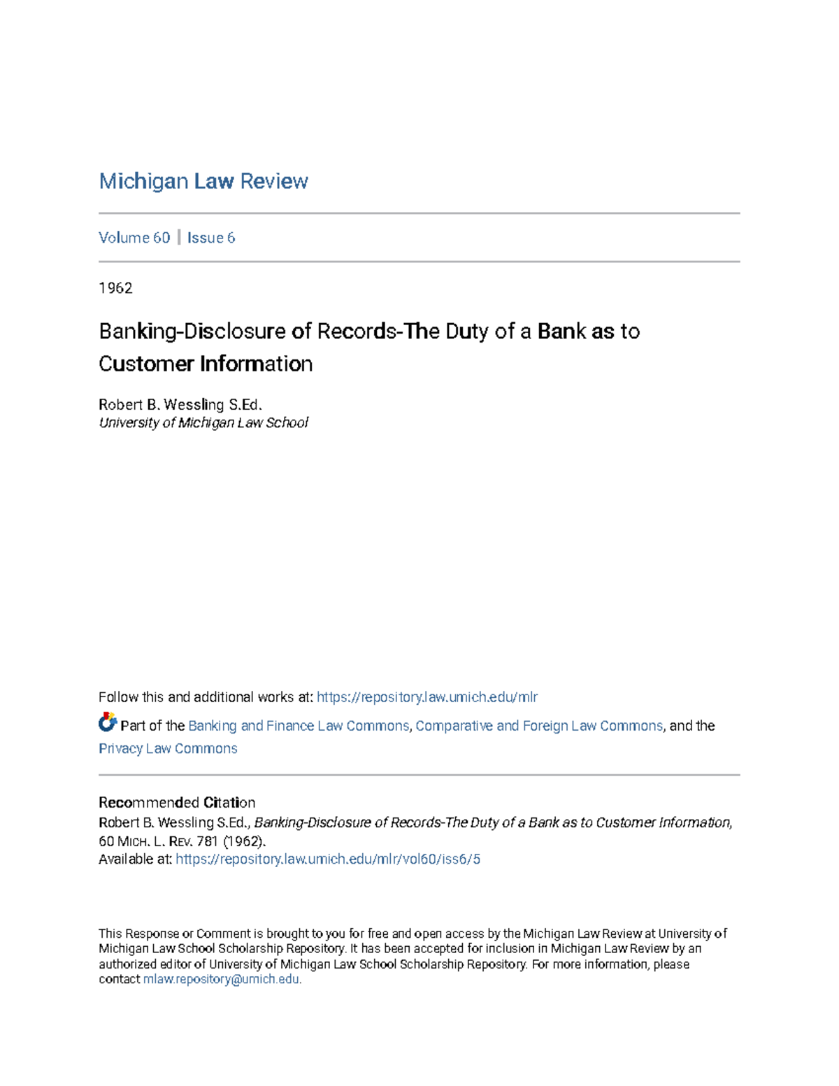 Banking-Disclosure of Records-The Duty of a Bank as to Customer I ...