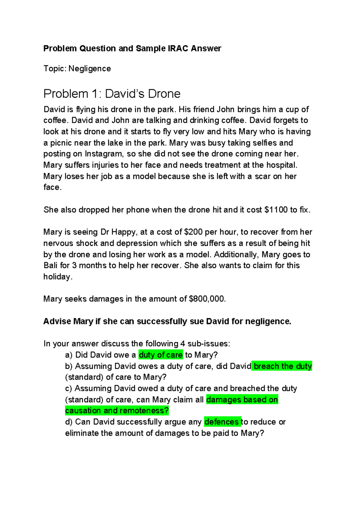 IRAC sample examples - Problem Question and Sample IRAC Answer Topic ...