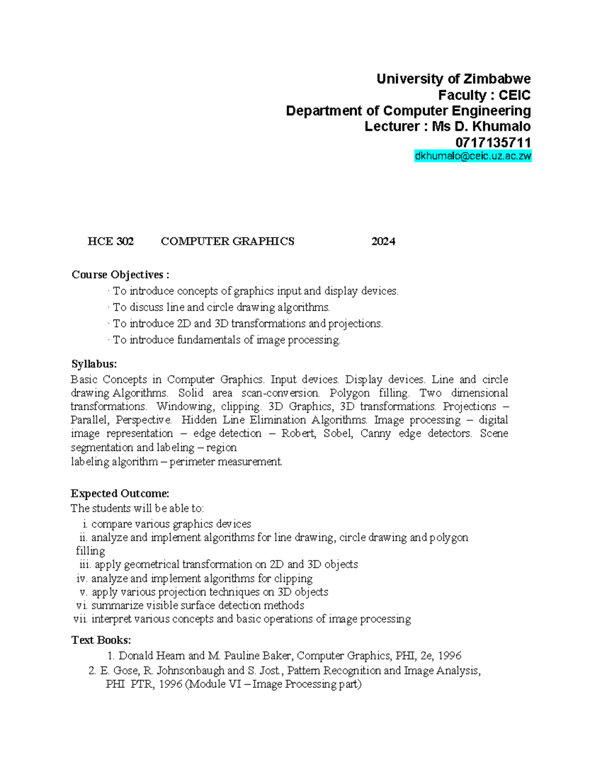 Computer graphics course outline - University of Zimbabwe Faculty : CEIC Department of Computer ...