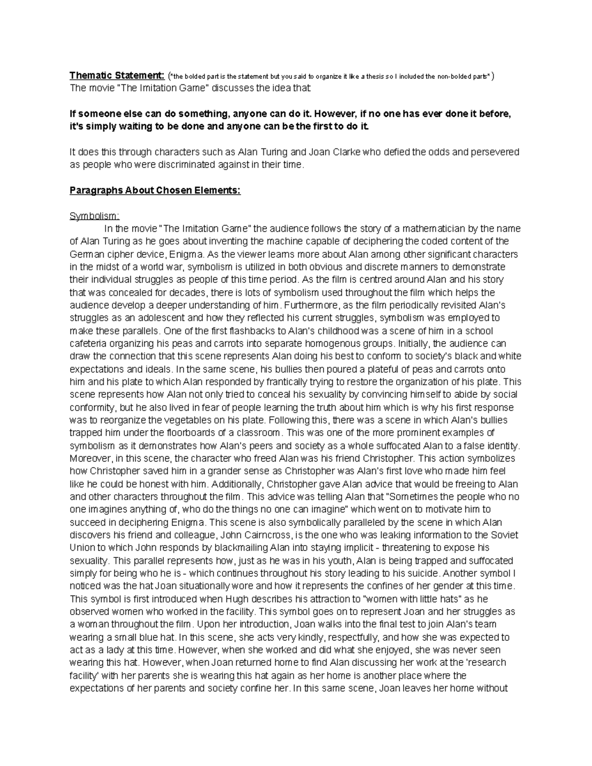 The Imitation Game Paragraph + Statement - Thematic Statement: (the ...