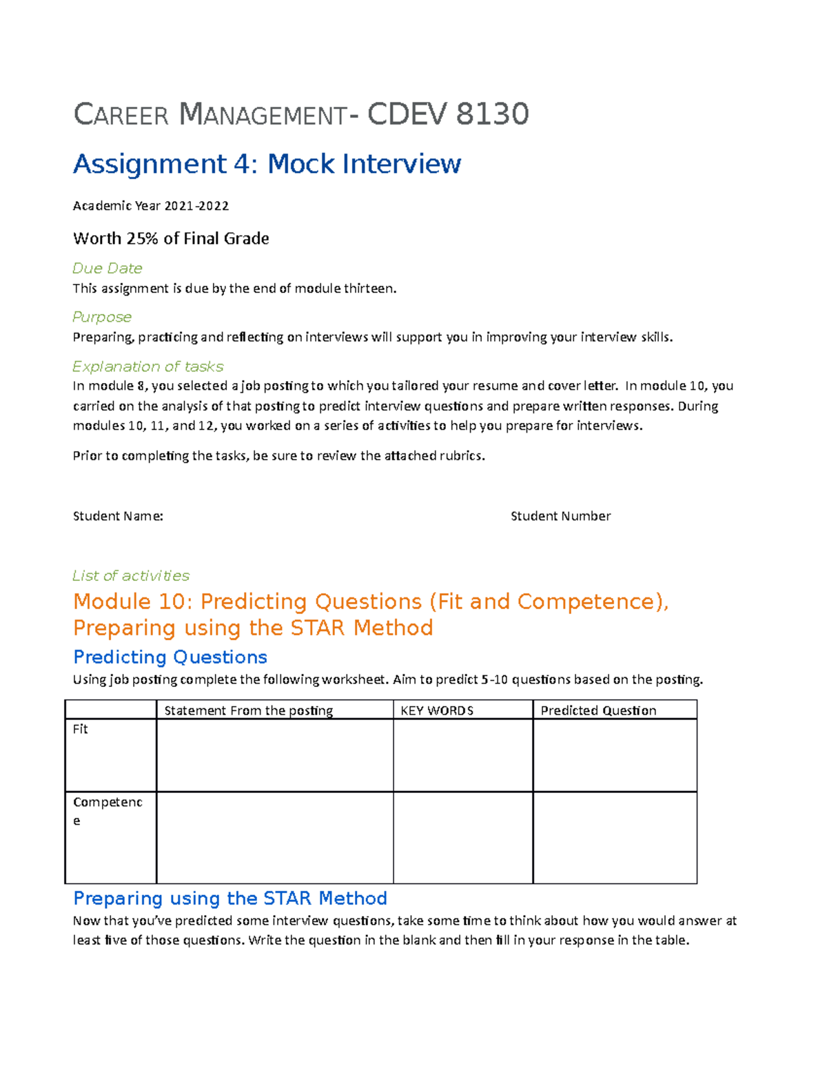 CDEV8130 Career Management Assignment 4 Mock Interview - CAREER MANAGEMENT- CDEV 8130 Assignment ...