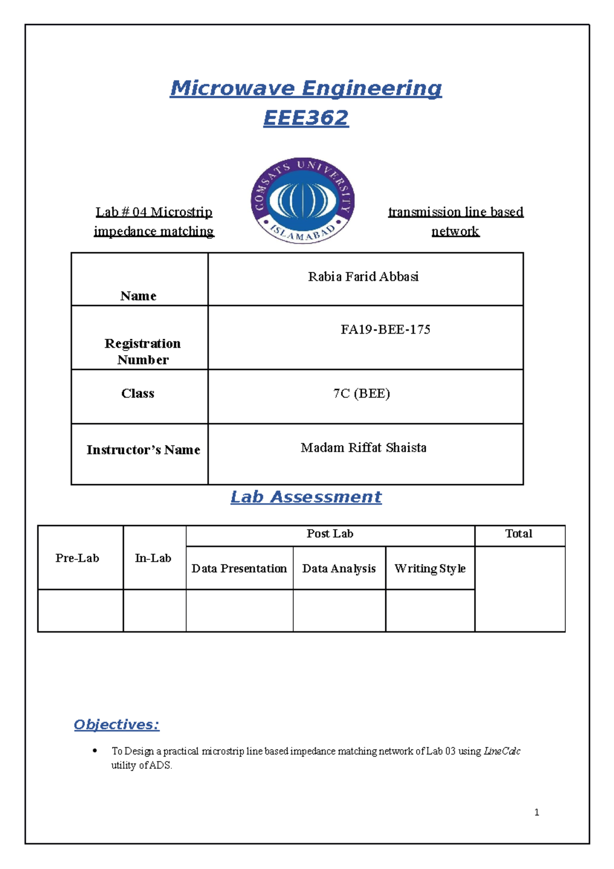 Lab4 microwave - NOTHING - Microwave Engineering EEE Lab # 04 Microstrip transmission line based ...