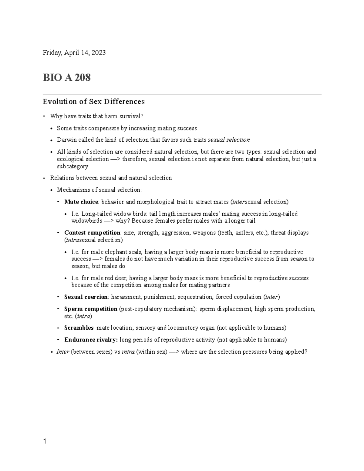Bioa208 Evolution Of Sex Differences Friday April 14 2023 Bio A 208