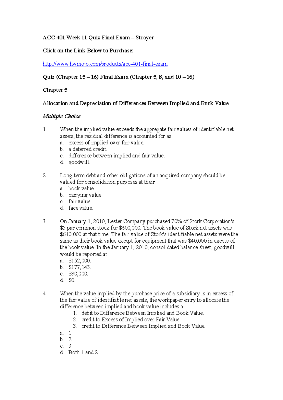 Example final exam big - ACC 401 Week 11 Quiz Final Exam – Strayer ...