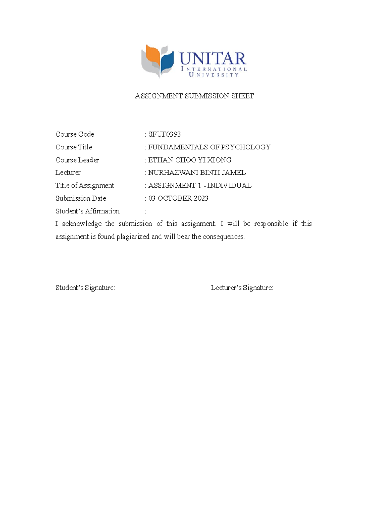 Assignment Submission Sheet 1 Assignment Submission Sheet Course Code Sfuf Course Title
